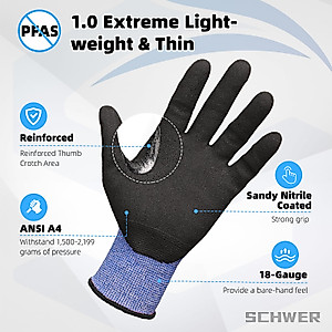Schwer AIR-SKIN Cut Resistant Gloves AR3900 with Extreme Lightweight & Thin, ANSI A4 Wire Metal Gloves for Refined Work, Touch-screen, Fiberglass-free, 3D-Comfort Fit, Breathable, PFAS Free, 1 Pair,S