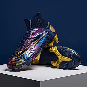 DHOVOR Womens Mens Soccer Cleats Youth High-Top Football Cleats Anti-Slip Athletics Football Trainers Outdoor Soccer Shoes Black