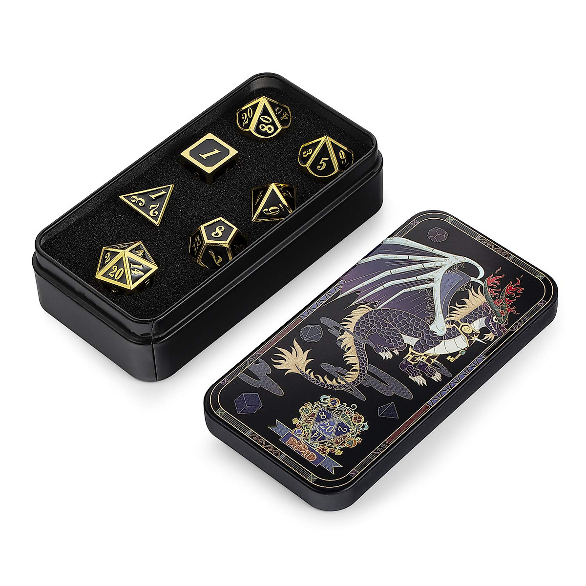 DNDND Metal Dice Set D&D, 7 die Metal Polyhedral Dice Set with Gift Metal Box and Gold Number for DND Dungeons and Dragons Role Playing Games (Black and Gold)