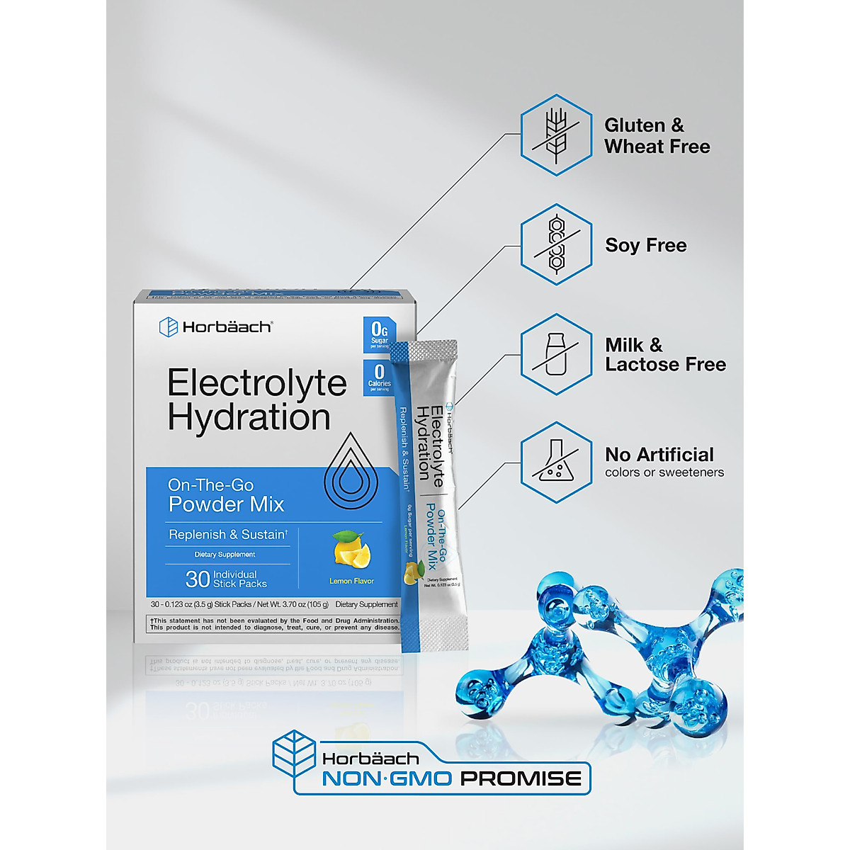 Horbäach Electrolyte Powder Packets | 30 Sticks | Lemon Flavor | On-The-Go Powder Mix | Vegetarian | Keto-Friendly | Non-GMO, Gluten Free Supplement