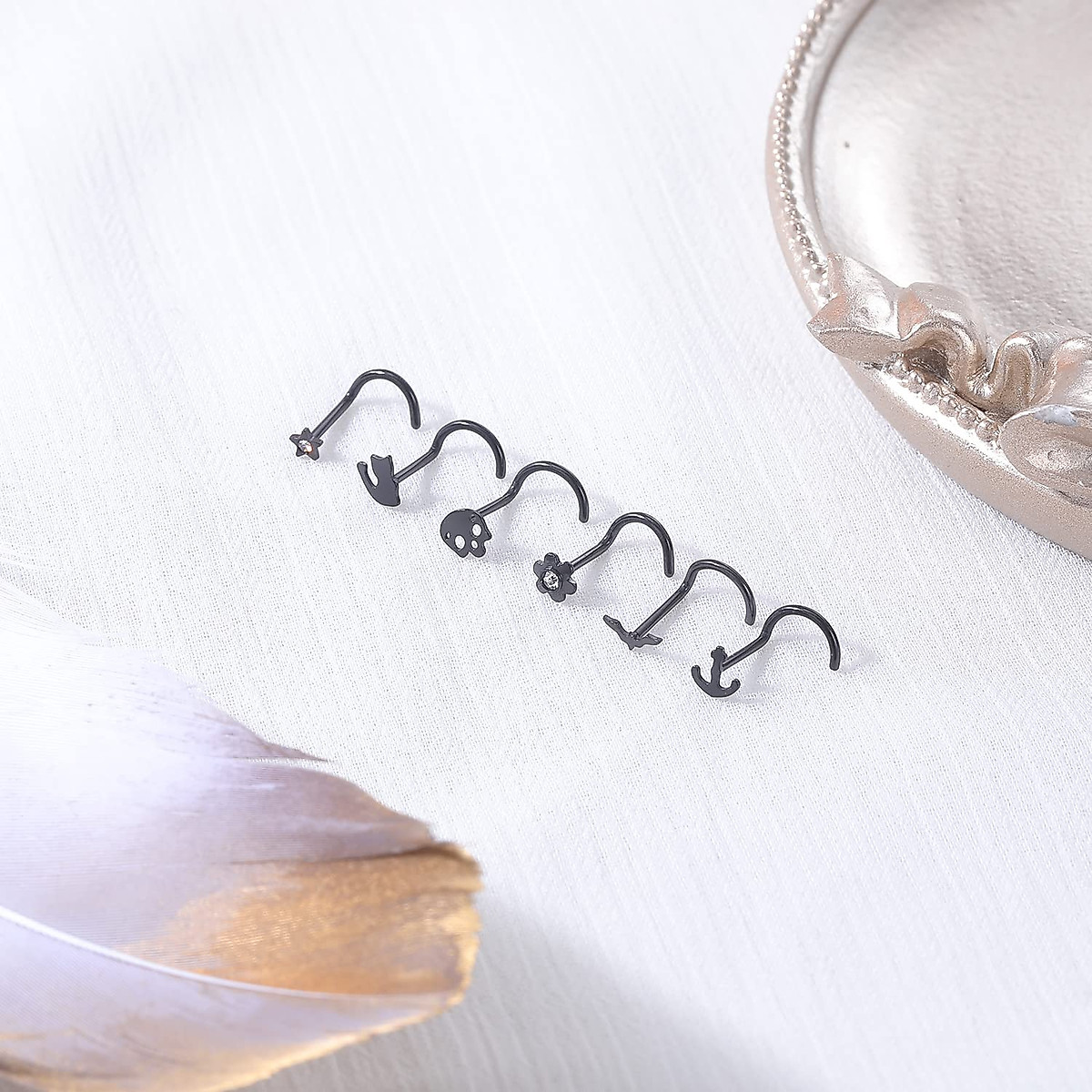 ZS 20G Corkscrew Nose Rings Surgical Steel L-Shaped Nose Studs Bat Skull Nose Bone Stud Nose Piercing Jewelry for Women (18pcs Black)