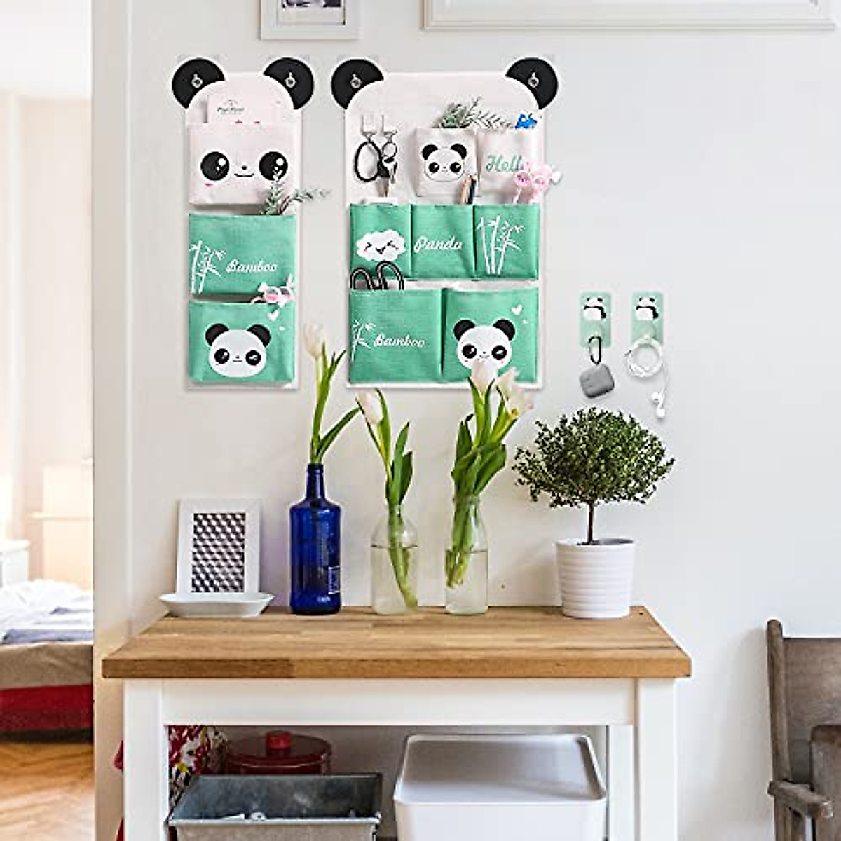 pandaonly 2 Wall Hanging Storage Bag,Linen Cotton Fabric Waterproof Pocket Organizer Bag with 6 Hooks,Over the Door/Wall for Bedroom Bathroom Closet Home Organizer