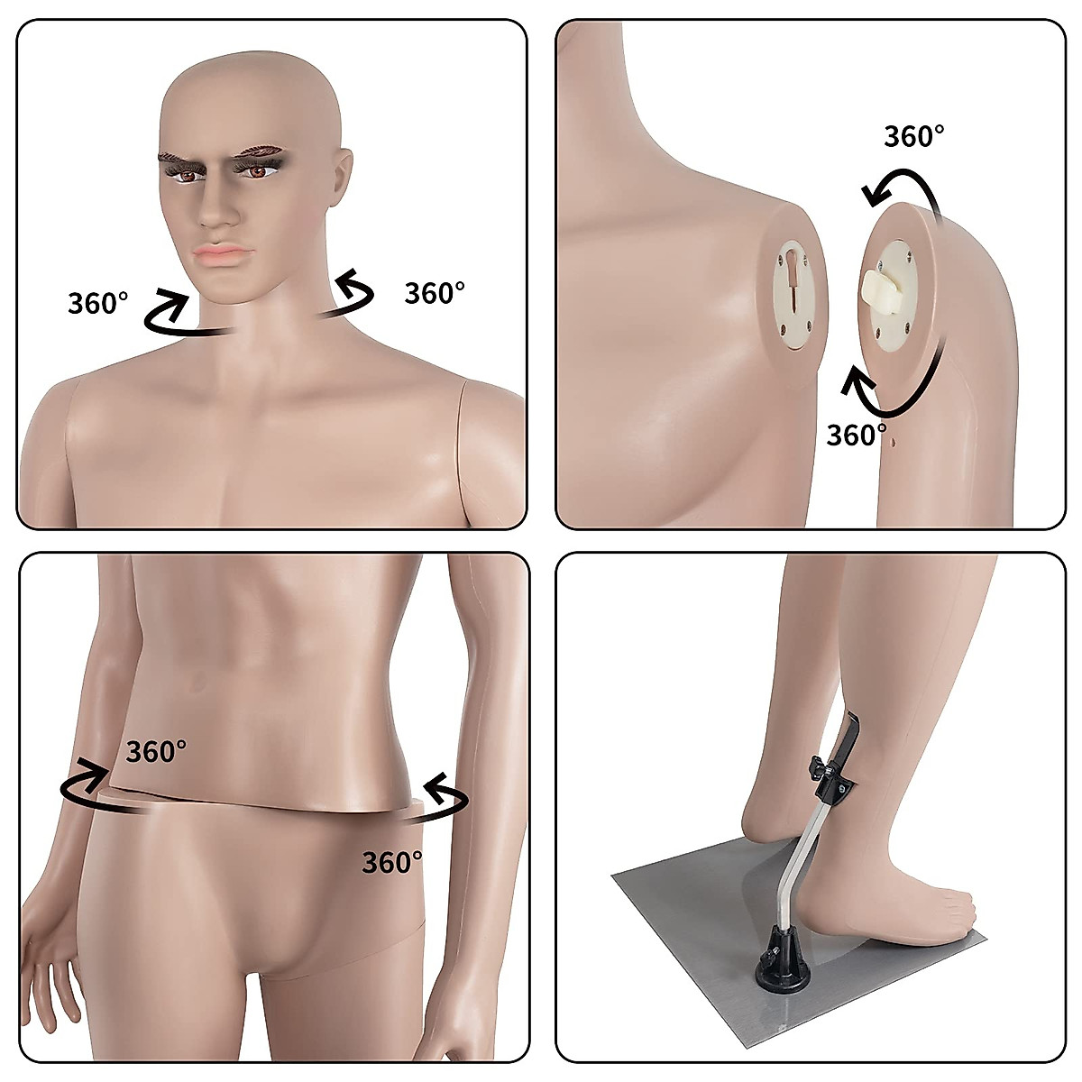 Male Mannequin Full Body Sewing Dress Form Model Mannequins Torso 73 Inches Adjustable Manikin Body Clothing Realistic Men Mannequin Display Head Arm Rotation Metal Base