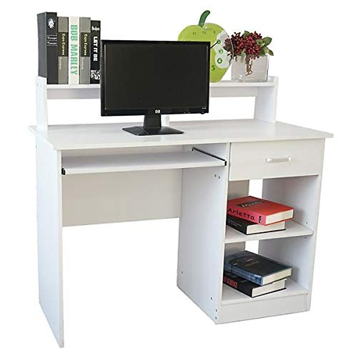 WISCLASS White Computer Desk with Built-in Keyboard Tray and Drawers
