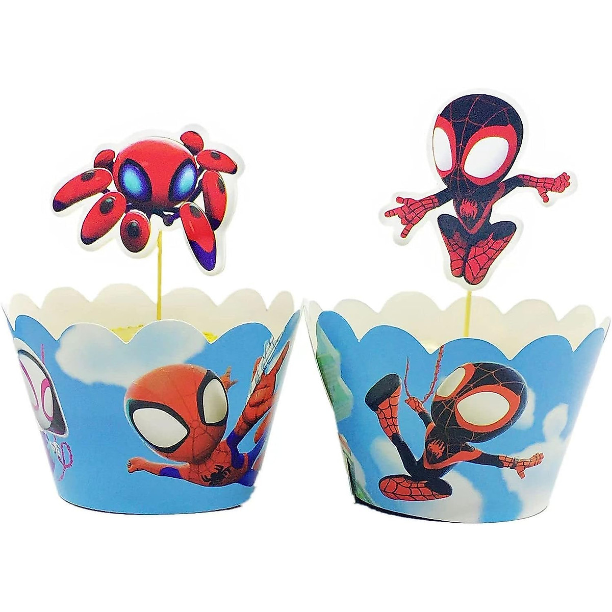 12 Pcs Spider and His Friends Cupcake Decorations, Double Sided Toppers and Wrappers, Superhero Decorations, Boys and Girls Birthday Party Supplies