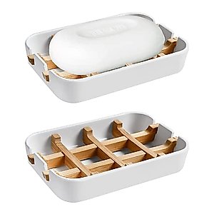 Aoheuo Modern Bamboo Fiber soap Holder and soap Dish Combination (Removable), White, 5.12 Long by 3 Wide, 0.98 inches high, Used in Kitchens, bathrooms, and bar Sinks