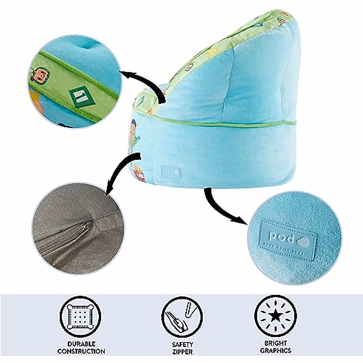 Idea Nuova Cocomelon Blue Round Bean Bag Chair for Kids, Ages 3+, Large