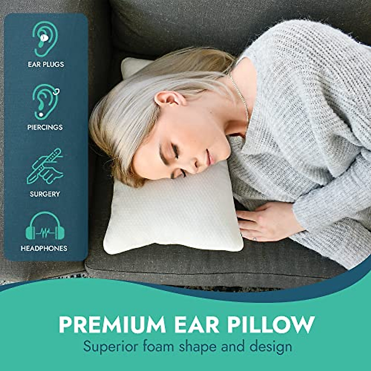 Holey Pillows Ergonomic Firm Memory Foam Ear Pillow with Ear Hole | 50x30cm | for Side Sleepers, Ear Pain & Post-Piercing Relief | Ideal for Chondrodermatitis CNH | Firm Support