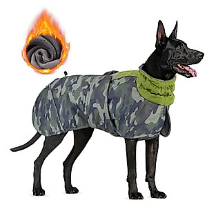 SlowTon Dog Winter Coat, Windproof 3 Layers Thick Warm Fleece Lining Dog Jacket for Cold Weather, Reflective Dog Apparel Dog Clothes with Leash Opening for Medium Large Dogs(Green Camo,L)