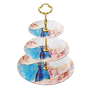 Jusalpha Fine China Rainbow Galaxy Series 3-tier Cake Stand- Cupcake Stand- Tea Party Pastry Serving Platter in Gift Box and a Free Sugar Tong (Rainbow Galaxy 3T)