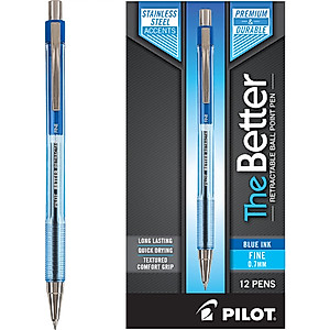 PILOT The Better Ball Point Pen Refillable & Retractable Ballpoint Pens, Fine Point, Blue Ink, 12-Pack (30001)