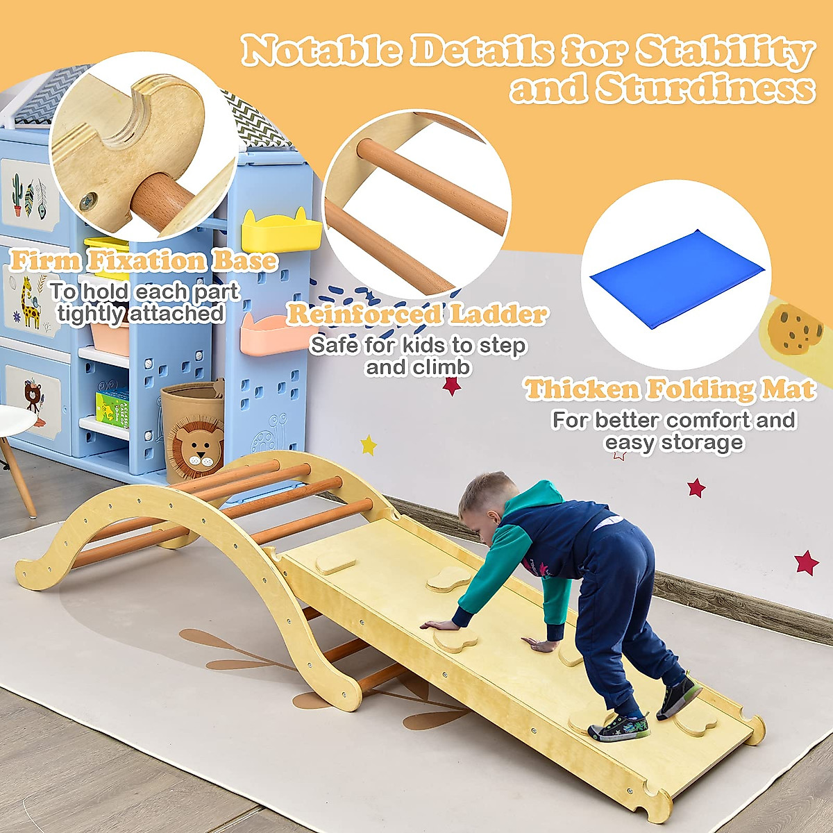 Olakids Climbing Toys for Toddlers, 3 in 1 Kids Wooden Pikler Montessori Arch Climbing Rocker with Ramp Ladder Cushion Pad for Gym Playground, Indoor Baby Climber Toy Play Structure Activity Set