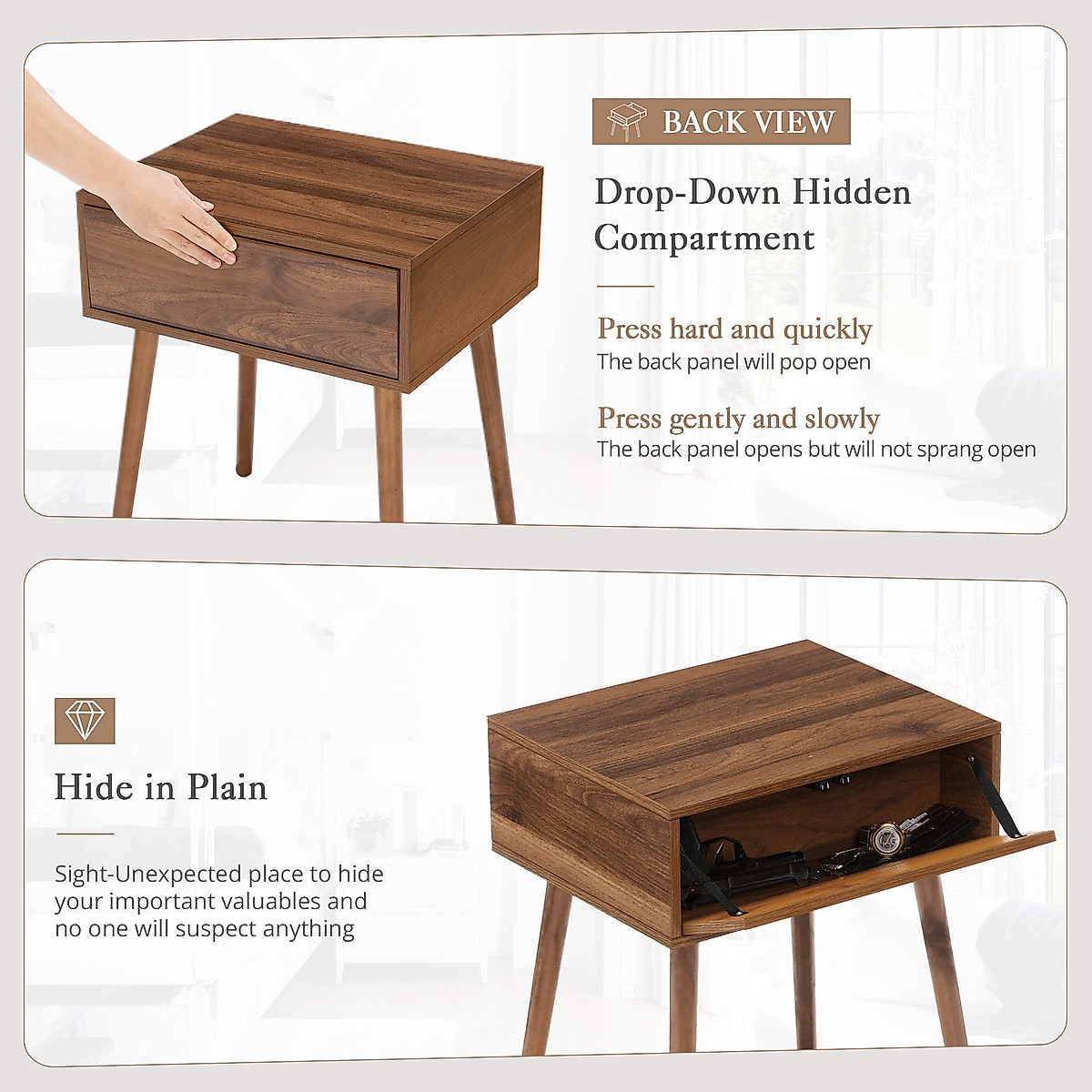 Mazefur Hidden Compartment Nightstands Set of 2, Concealment Furniture Mid Century Bed Side Table with Drawer, Hidden Storage End Table for Bedroom Living Room, Walnut Color