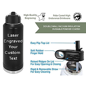 Polar Camel Personalized Water Bottles 40oz with Flip-Top Lid and Straw,Vacuum Insulated Flask, Stainless Steel Sports Double Wall Thermos, Your Logo Name Text Engraved in USA (Black, 40 oz.)