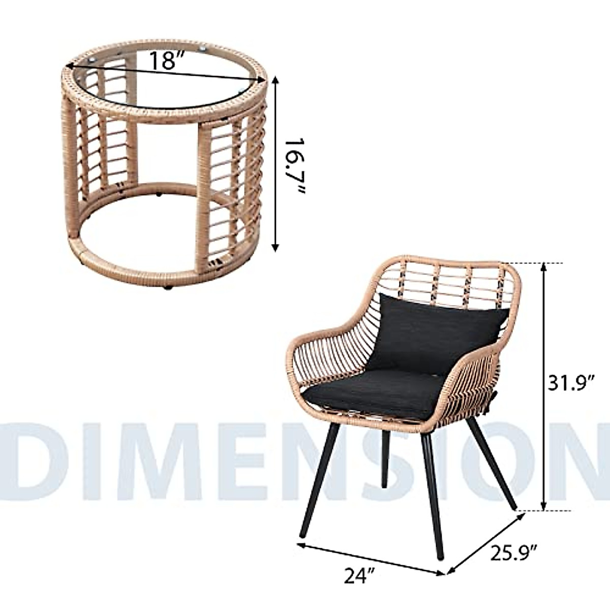 JOIVI 3 Piece Outdoor Wicker Furniture Bistro Set, Patio Rattan Conversation Set with Round Glass Top Coffee Side Table, Cushions and Lumbar Pillows for Porch, Backyard, Deck