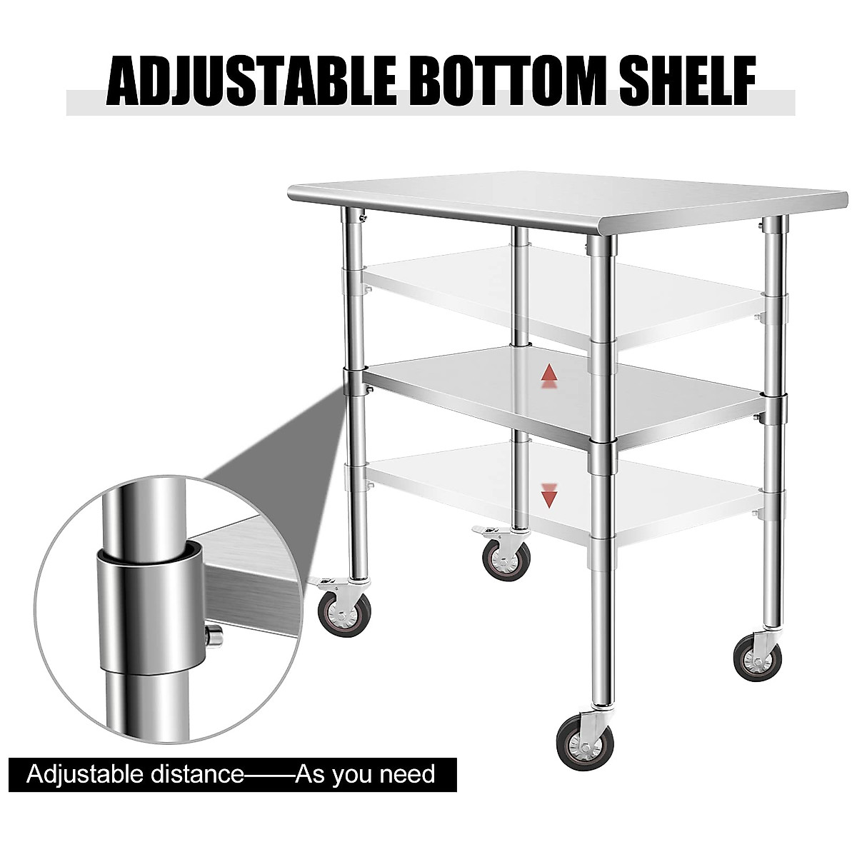KODOM Food Prep Stainless Steel Table 36'' x 24'', Heavy Duty Workbench with Adjustable Under Shelf, Commercial Worktable with 4 Casters for Commerical Kitchen, Restaurant, Home and Hotel, Silver
