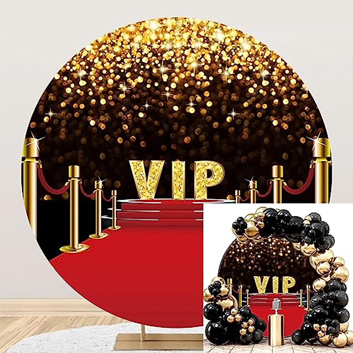 AWERT Polyester Diameter 6.5ft Round VIP Red Carpet Backdrop Award Ceremony Event Black Gold Glowing Polka Dot Photography Background Birthday Party Theme Party Baby Shower Decoration Props