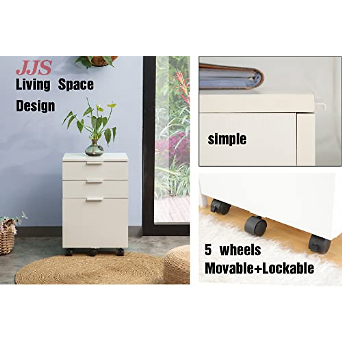JJS 3 Drawer Rolling Wood File Cabinet with Locking Wheels, Home Office Portable Vertical Mobile Wooden Storage Filing Cabinet for Letter Size, White