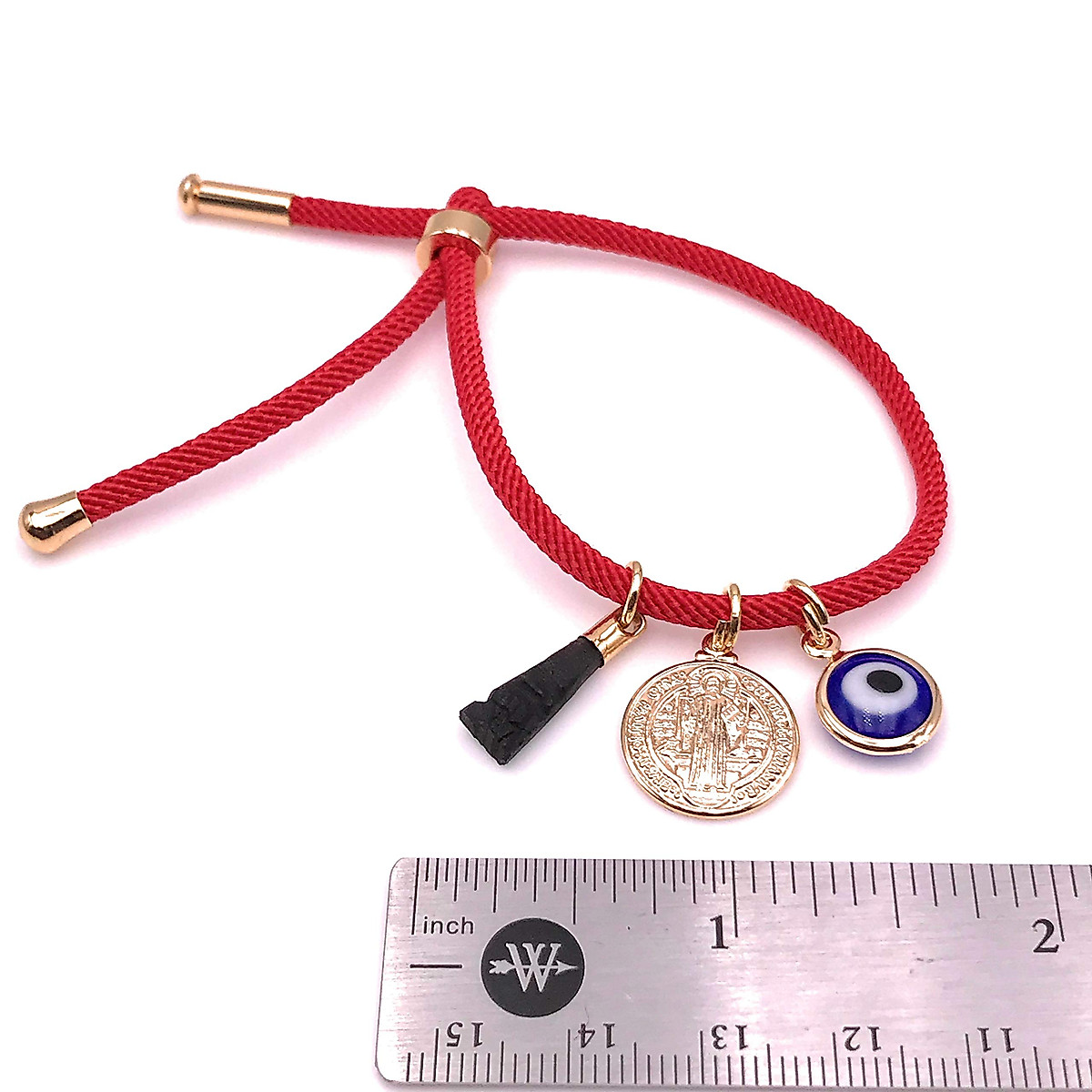 18K Gold Plated Saint Benedict Red String Bracelet Adjustable Charm Evil Eye & Dainty Genuine Azabache Hand