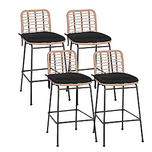 Patiorama Outdoor Bar Stools Set of 4, Patio Counter Height Stools & Bar Chairs w/Footrest, Hand-Woven Armless Beige Rattan Bar Set Patio Furniture for Garden,Pool, Indoor,Cafe,Kitchen(Black Cushion)