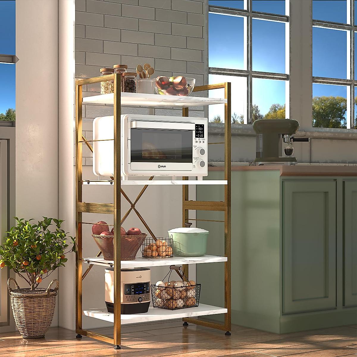 Azheruol 4 Tiers Bookshelf Adjustable White Faux Marble Organizer, Modern Small Bookcase for Small Space,Industrial Wooden Storage Display Rack and Storage Organizer for Living Room Home Office(Glod)