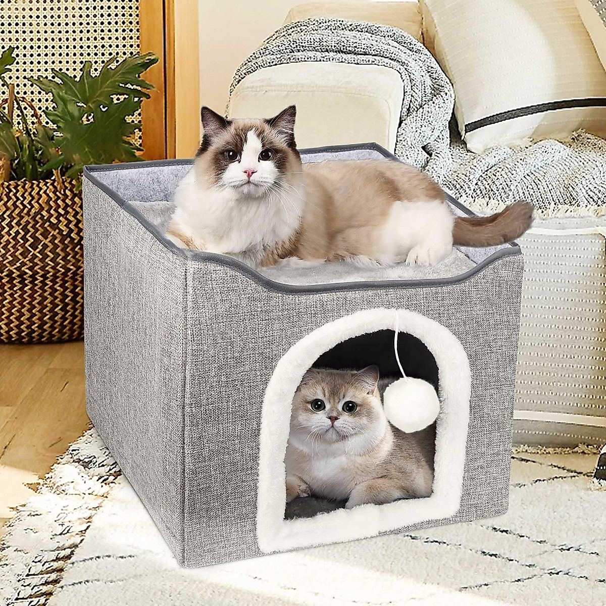 Heated Cat Bed for Indoor Cats, Foldable Cat House with Removable Heating Pad for Cats Small Dog Covered Cat Bed Cave Kitty Hideaway with with Scratch Pad, All Season Use