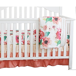 3 pcs Set Boho Floral Ruffle Baby Minky Blanket, Peach Floral Nursery Crib Skirt Set Baby Girl Crib Bedding (Coral)
