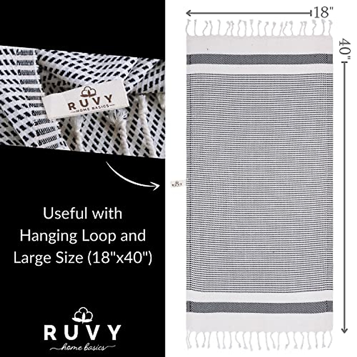 Ruvy Home Basics Turkish Hand Towels for Bathroom Set of 2 | 18"x40", Cotton | Bathroom Hand Towels & Decorative Hand Towels for Bathroom, Kitchen Towels, Dishcloth, Tea, Yoga, Face, Gym - Black