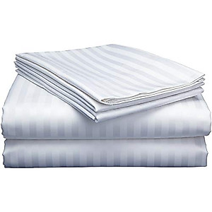 Extra Deep Sheets-Cotton Bed Sheets - 100% Cotton - 400 Thread Count - 22 Inch Extra deep Pocket Fitted Sheet with Elastic All Around (4 Pcs Sheet Set) - (White Stripe - Queen Size)