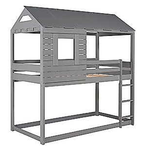 Tidyard Twin Over Twin Bunk Bed Wood Loft Bed with Roof, Window, Guardrail and Ladder Gray for Bedroom Dorm Guest Room Home Furniture