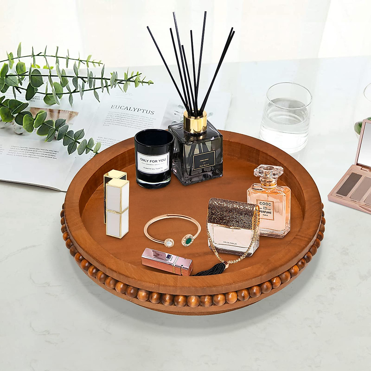 Farmhouse Lazy Susan Organizer,Decorative Tray Riser,Lazy Susan for Table, Counter Lazy Susan Turntable Organizer with Beads,360 Degrees Rotating Display Stand for Spice Racks,Centerpiece Tray,Brown