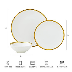 Pokini Matte White Porcelain Dinnerware Sets 12 Piece Service for 4, Dishes, Round Plates, Bowls, Golden Rim Dish Set for Home Decor