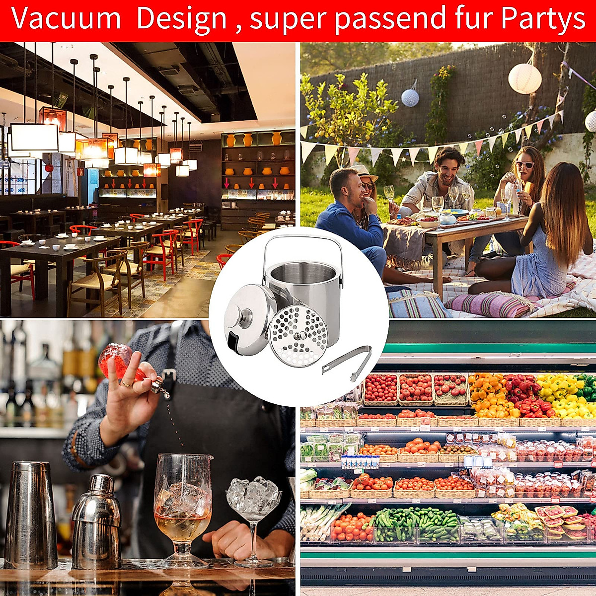 Solid Stainless Steel Ice Bucket for cocktail bar, with Strainer Airtight Lid and Tongs, Well Made Insulated Stainless Steel Double Wall Keep Ice Frozen Longer, Portable and Mini (1.3L)