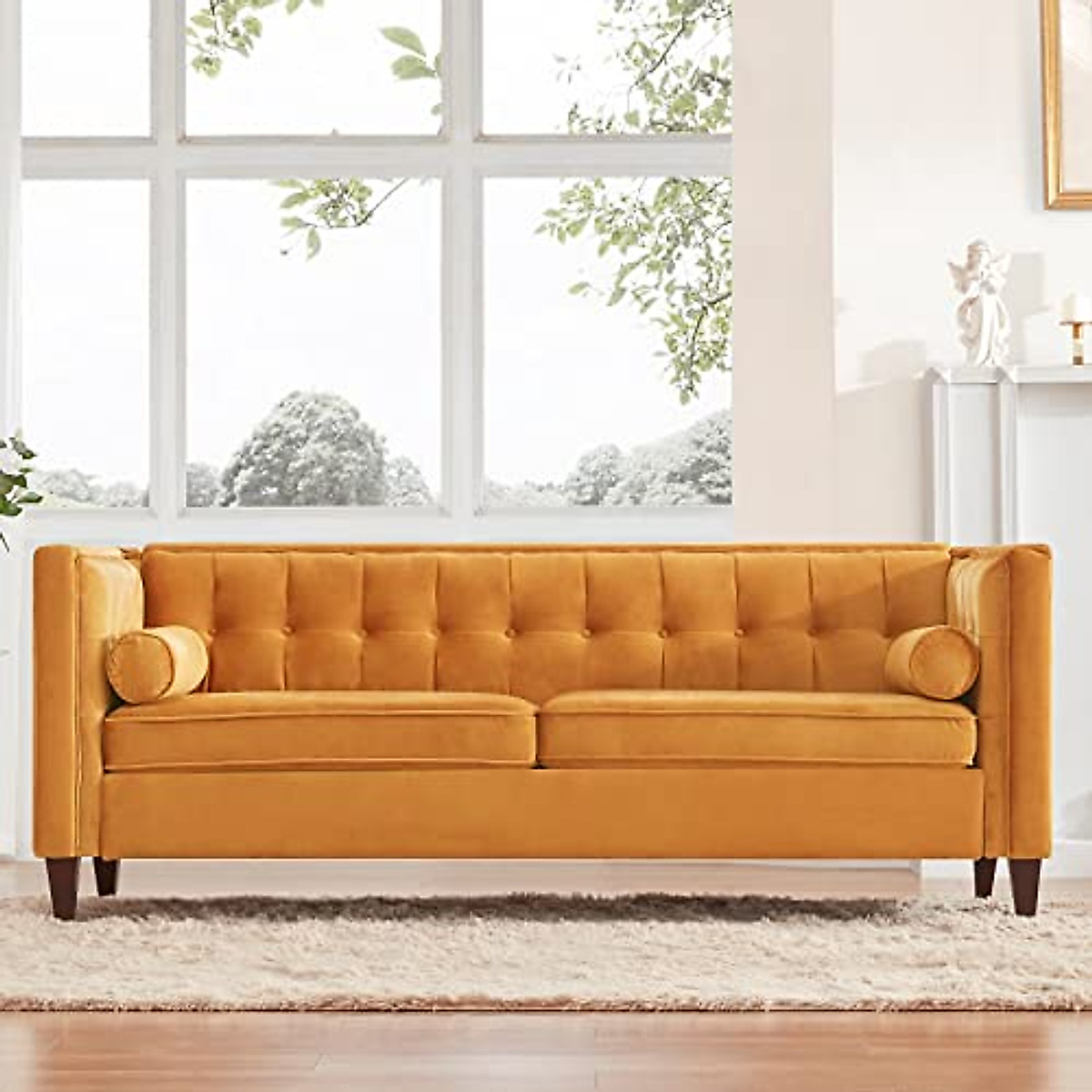 Dreamsir 78'' W Velvet Sofa, Mid-Century Love Seats Sofa Furniture with Bolster Pillows, Button Tufted Couch for Living Room, Tool-Free Assembly (Sofa, Ginger)