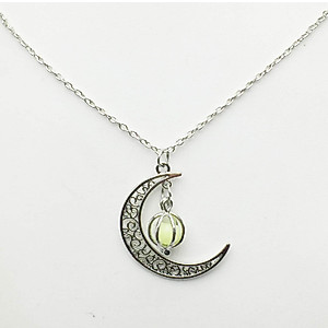 EEQQBZ Glow in The Dark Silver Crescent Moon and Orb Necklace - Glowing Blue Moon Charm - Magical Fantasy Fairy Glowing Necklace - Glow Jewelry (sky blue)