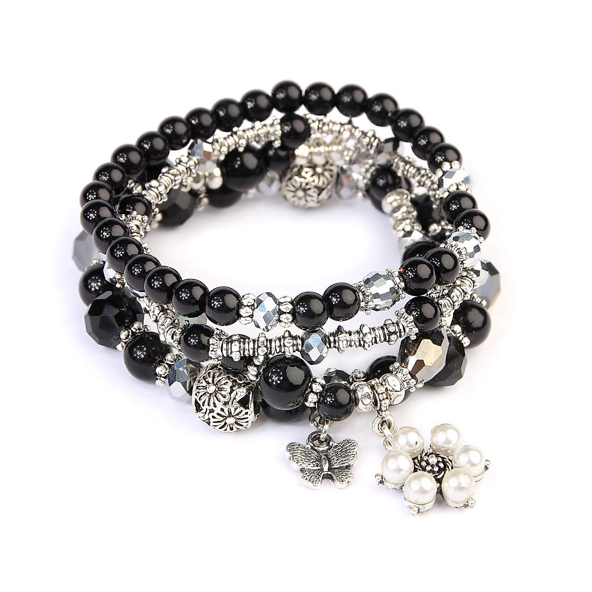 RIAH FASHION Bohemian Multi Strand Faux Pearl Bracelets - Layer Beaded Statement Stretch Lovely Crystal Bangles Star, Heart (Butterfly - Black)