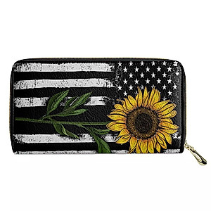 POLERO American Flag Sunflower Wallet PU Leather Purse Zipper Clutch Credit Card Holder Bag Gift for Women Teens Girls