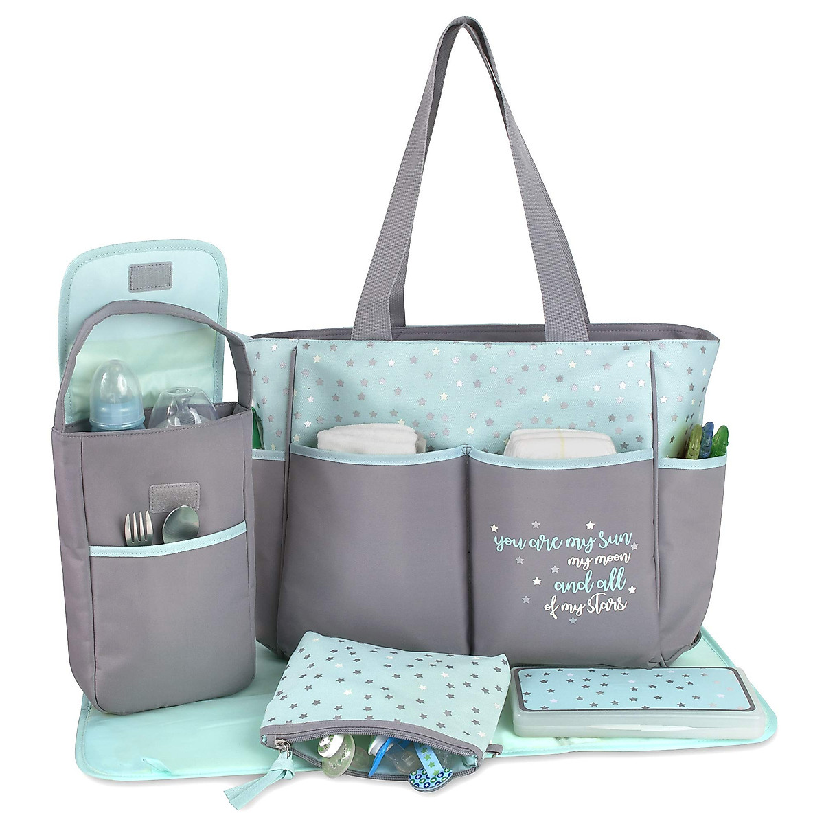 Diaper Bag Tote 5 Piece Set with Sun, Moon, and Stars and Baby Portable Changing Pad, Diaper Bag, Travel Mat Station Gift Set