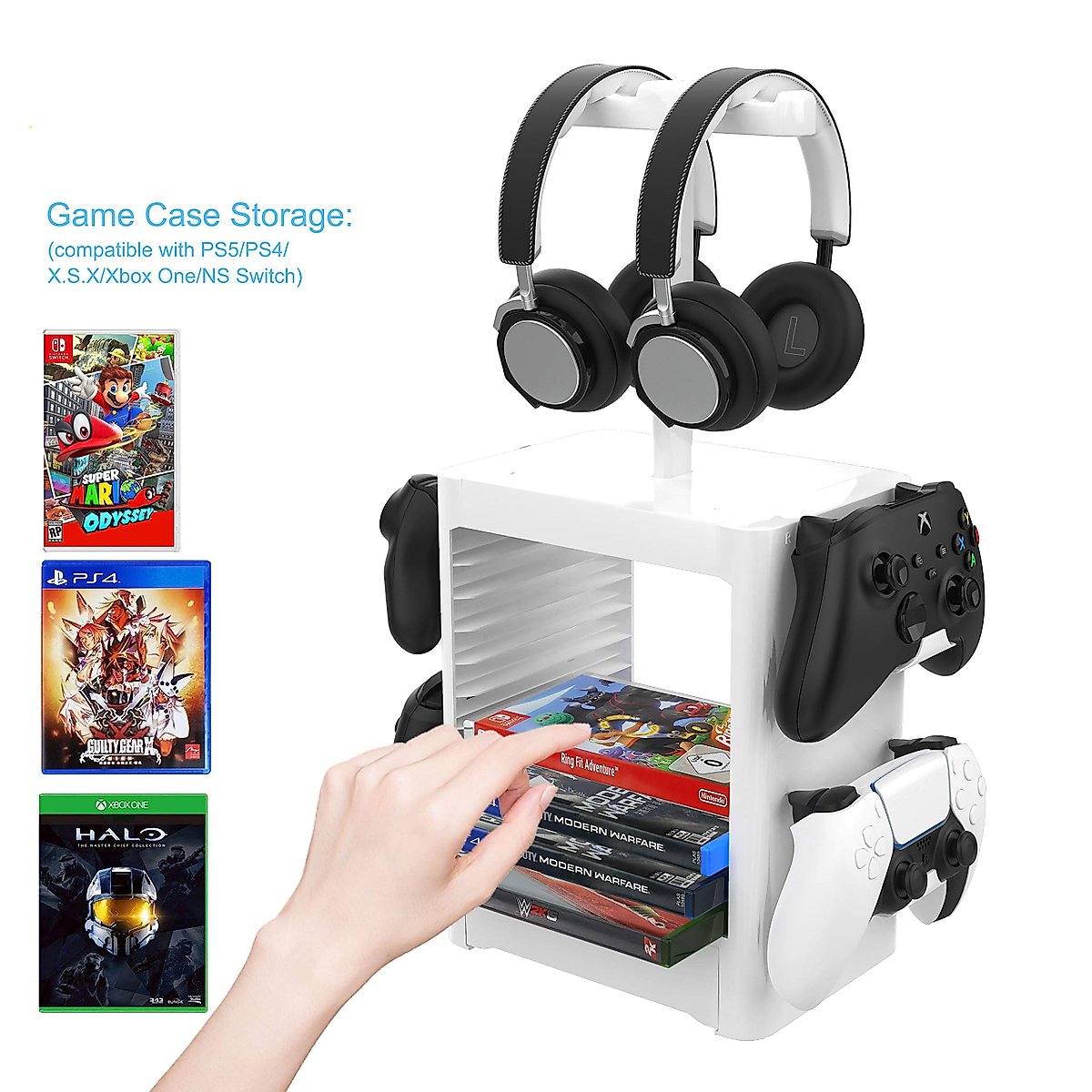 Joytorn Games Storage Tower(Up to 10 Games) for PS5,Game Disk Rack and Controller/Headset Stand Holder Compatible with Xbox Series X|S/Nintendo Switch/PS4