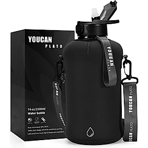 YOUCAN PLATO 74 oz Half Gallon Water Bottle with Sleeve-Large Water Bottle -Big Gym Water Bottle for Man or Women with Straw- Gallon Water Jug with Handle -BPA Free- Leakproof, Workout bottle,Black