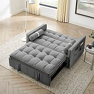 HomSof Modern 55.5" Pull Out Sleep Bed 2 Seater Loveseats Sofa Couch with Side Pockets Adjsutable Backrest and Lumbar Pillows for Apartment Office Living Room, Style E, Grey