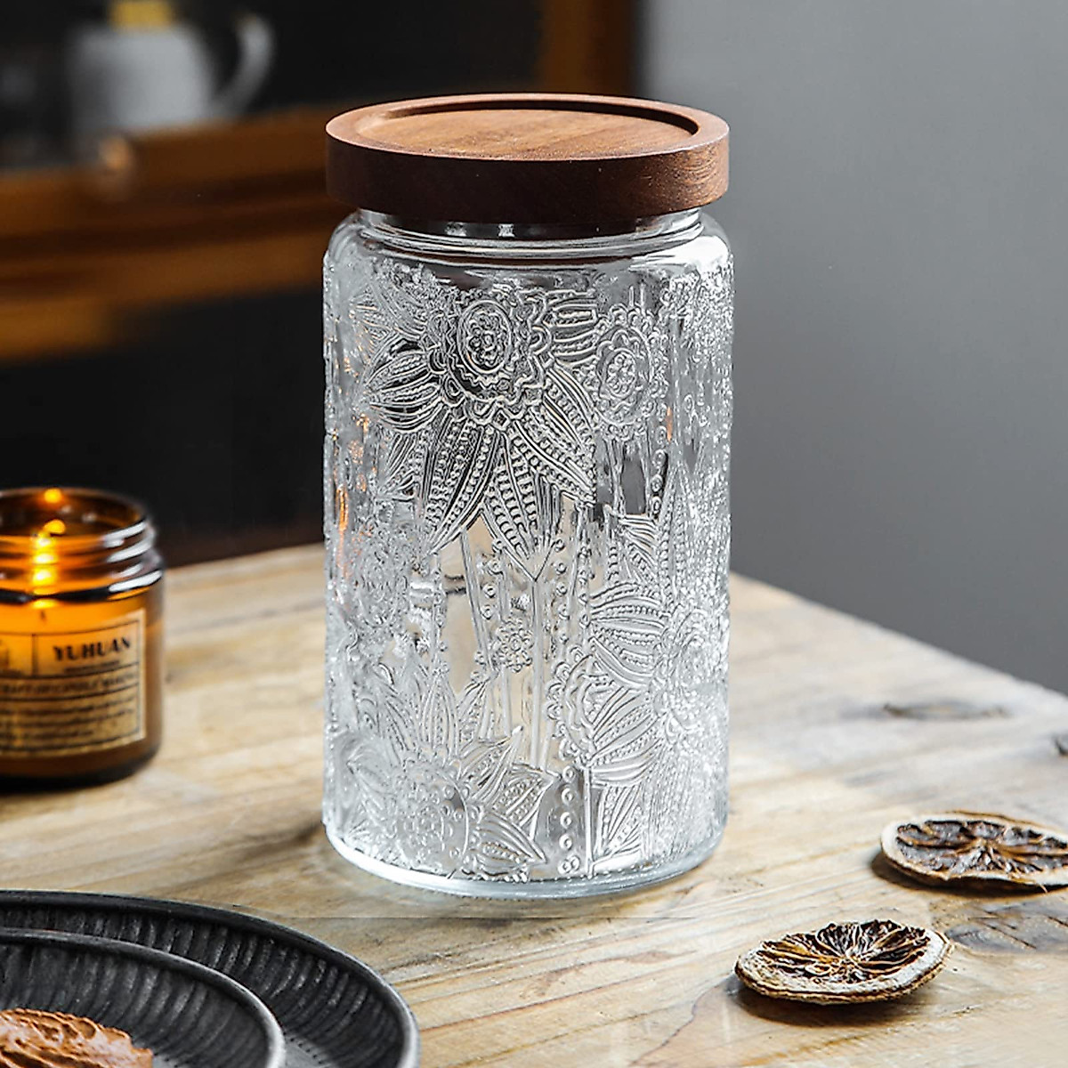 LODIKE 35oz/1000ml Glass Storage Jars with Nature Wood Lids, Airtight Food Storage Containers for Kitchen Organization, Large Capacity for Cookie, Pasta, Sugar, Flour, Cereal - Set of 2 （sunflower）