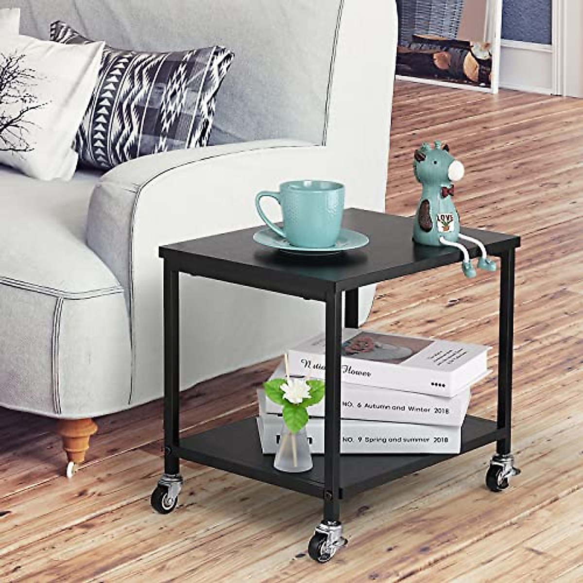 Under Desk Printer Stand, 2 Tier Printer Cart with Wheels and Wood Storage Shelf and Industrial Home Desktop Printer Table Stand for Office Scanner Rustic Black