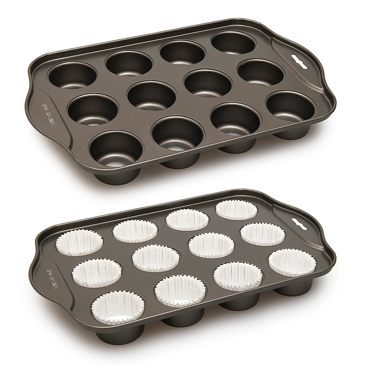 MAGENTA SPIRIT Mini Cheesecake pan - 12 Cavity Mini Muffin Pan with Removable Bottoms - Complete with Cupcake Liners and Plastic Bowl Scraper