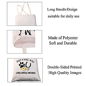 CMNIM Dog Horse Lovers Gifts Just a Girl Who Loves Horses and Dogs Tote Bag Dog and Horse Gifts For Dog Mom Owner Horse Tote Bag (Horses and Dogs Tote beige)