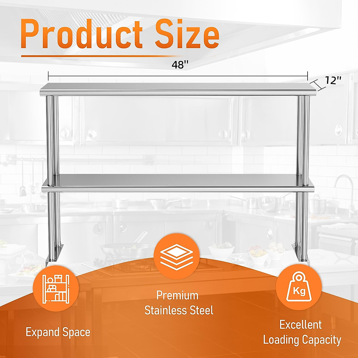 HOCCOT Stainless Steel Double Overshelf 12''x48'' Commercial Double Tier Shelf for Prep & Work Table, Adjustable Height 2 Tier Deck Shelf Load 360lb for Kitchen, Home, Restaurant and Storage Room