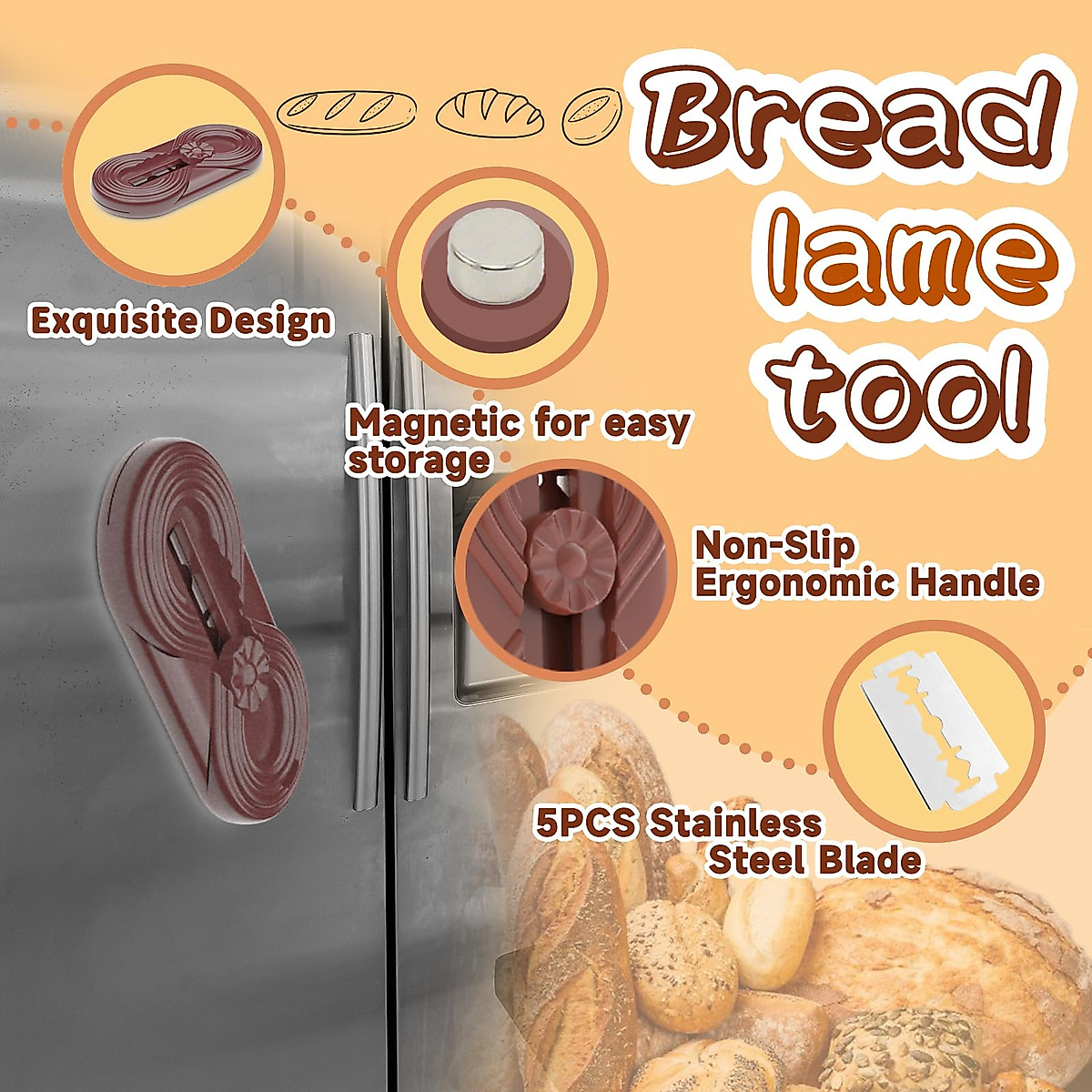 Tuuwhiz Bread Lame Dough Scoring Tool,Sourdough Bread Baking Supplies with Magnetic to Storage,Exquisite Design Bread Scorer Tool for Homemade Bread Baking Include 5 Razor Blades (Brown, Circular)