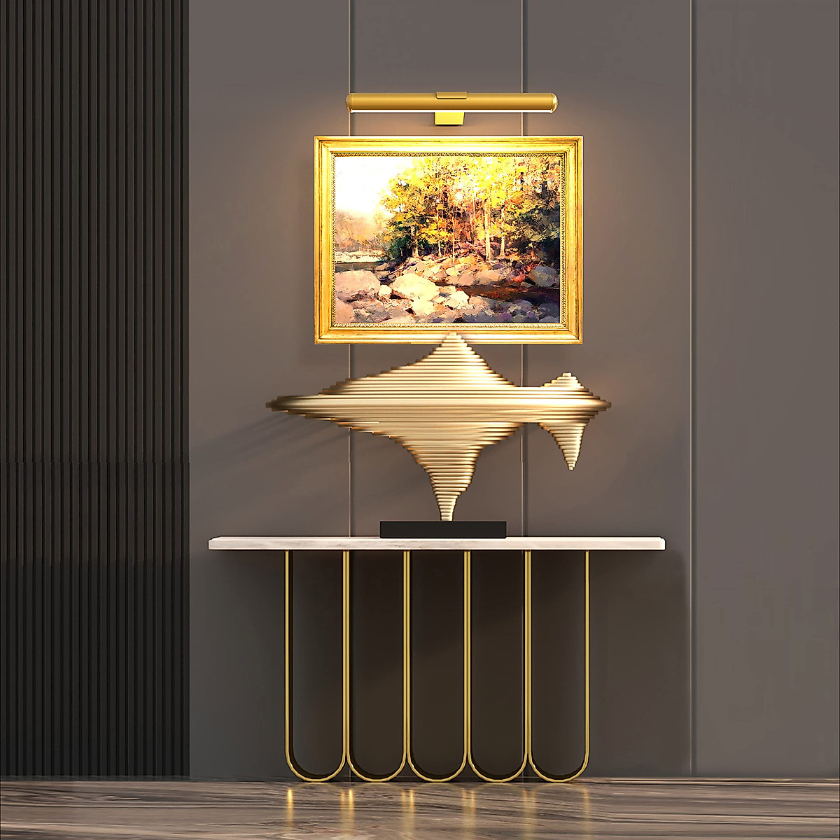 Gold Wireless Led Picture Light with Remote Control - Rechargeable Battery, Metal Art Display Accent Light, 300LM, Dimmable for Gallery, Dartboard