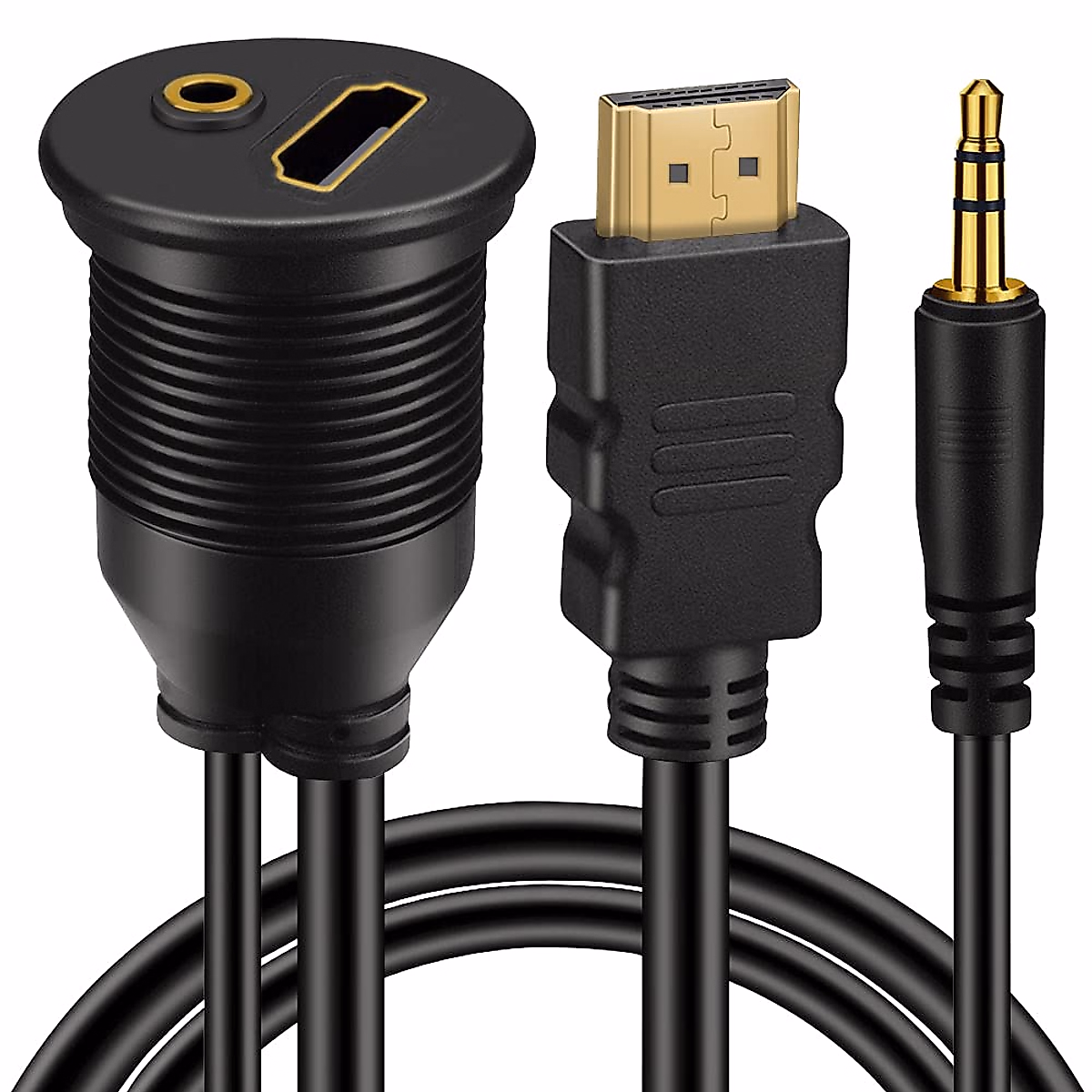 BATIGE HDMI & 3.5mm Male to Female 3.5mm + HDMI Car Mount Flush Extension Cable with Mounting Panel - 3ft