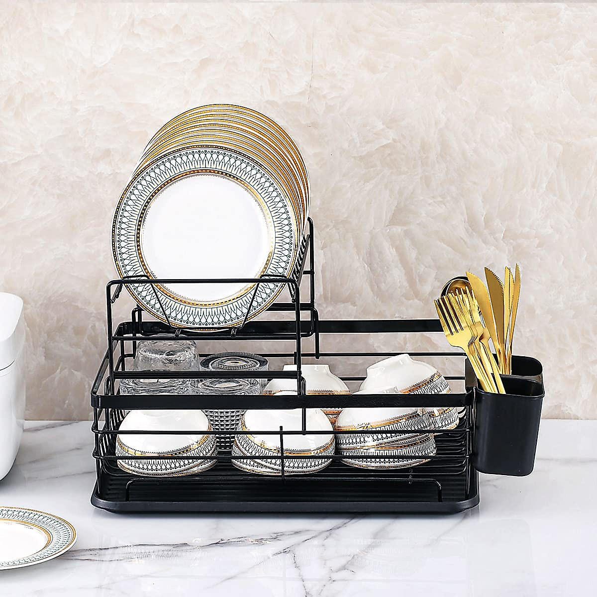 HOMQUEN 2 Layer Dish Drying Rack, Over The Sink Dish Drying Rack, Stainless Steel Dish Racks for Kitchen Counter, Kitchen Dish Drainer with Drainboard and Cup Holder (Black, 16.7''x12.4''x10.5'')